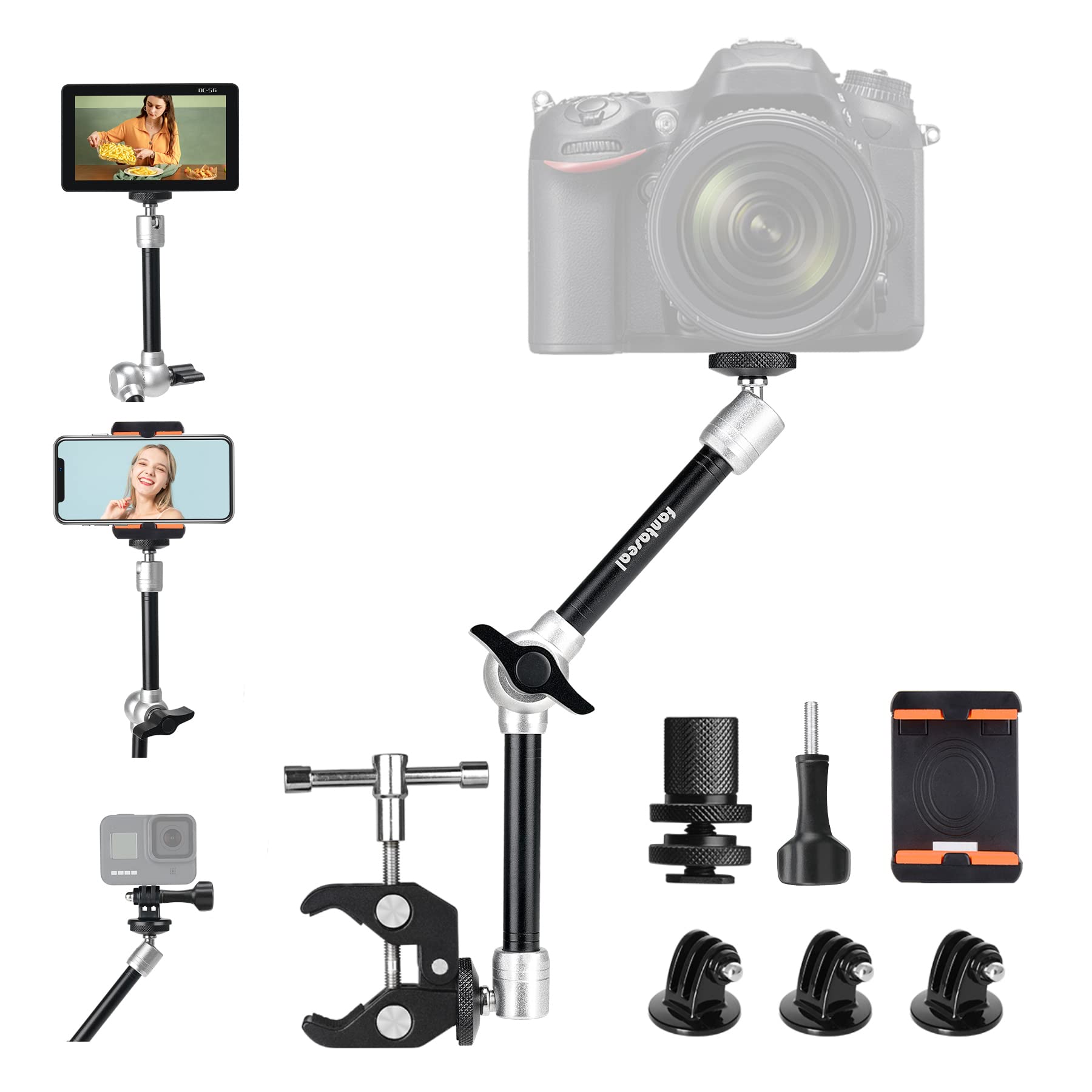 11" Adjustable Magic Arm DSLR Mirrorless Action Camera Camcorder Smartphone LCD Monitor Video Vlog Rig w/ Clamp Holder Mounts fit for GoPro iPhone