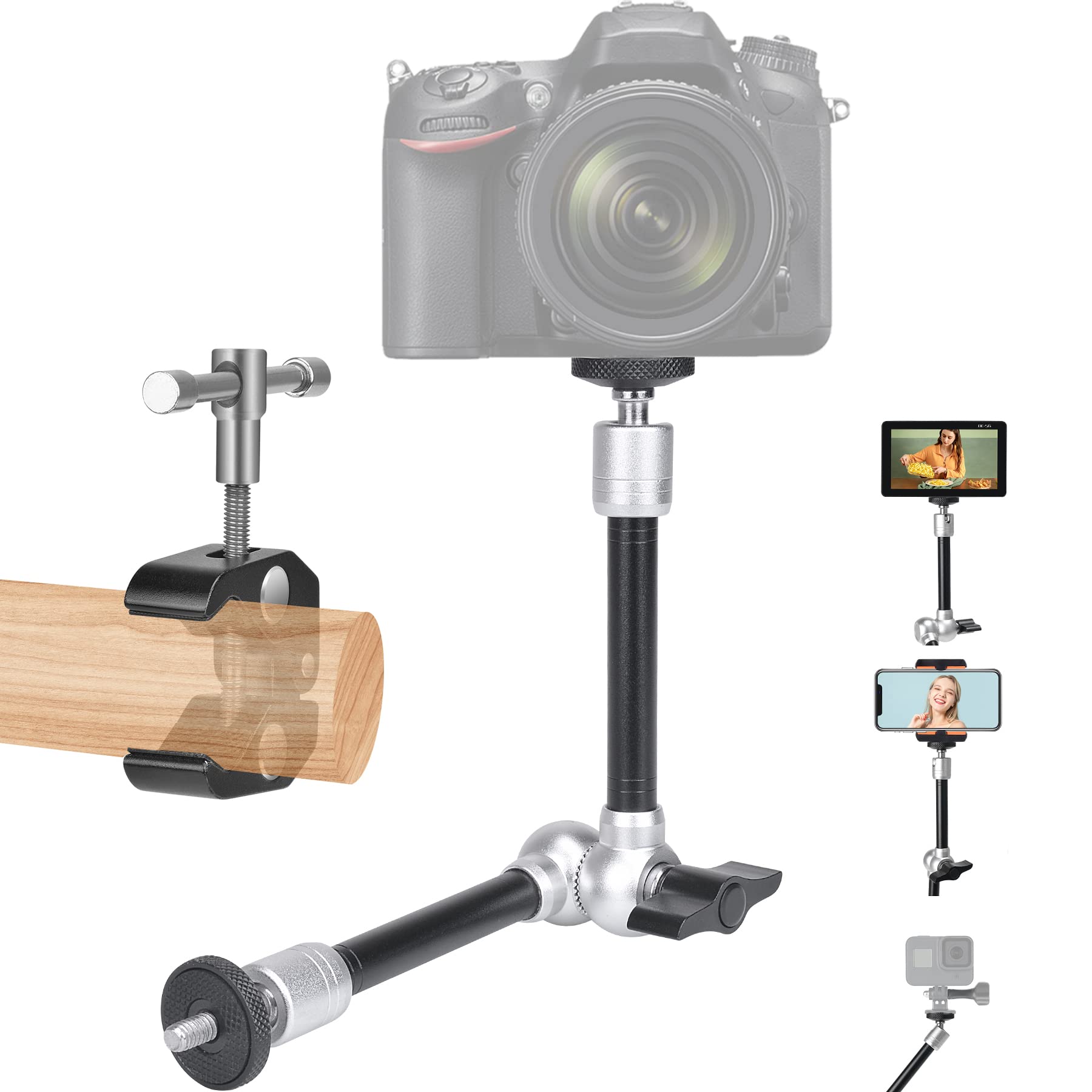 11" Adjustable Magic Arm DSLR Mirrorless Action Camera Camcorder Smartphone LCD Monitor Video Vlog Rig w/ Clamp Holder Mounts fit for GoPro iPhone