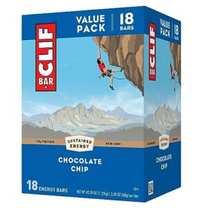 clif bar - chocolate chip - made with organic oats - 10g protein - non-gmo - plant based - energy bars - 2.4 oz. (18 pack)