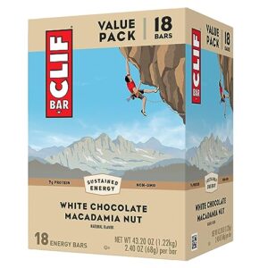 clif bar - white chocolate macadamia nut flavor - made with organic oats - 9g protein - non-gmo - plant based - energy bars - 2.4 oz. (18 pack)