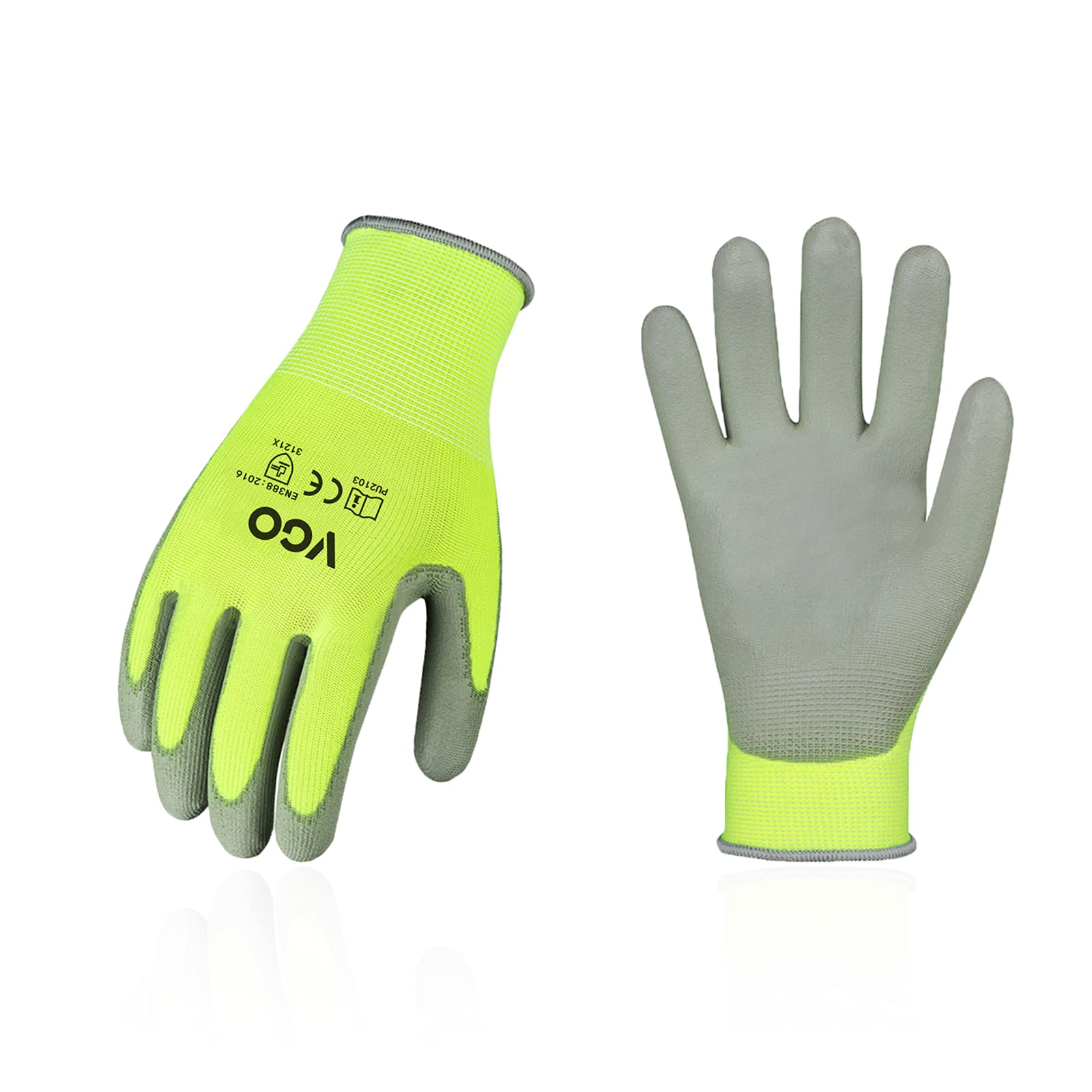 Vgo... 15-Pairs Safety Work Gloves, Gardening Gloves, Polyurethane Coated, Dipping Gloves, Latex Free (Size L, Yellow, PU2103)