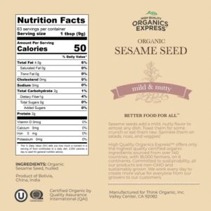 HQOExpress | Organic White Sesame Seed | Raw Sesame Seeds for Cooking and Food Seasoning - Semillas de Ajonjoli - Non-GMO, Vegan & Certified Kosher - 20 oz. Chef Jar