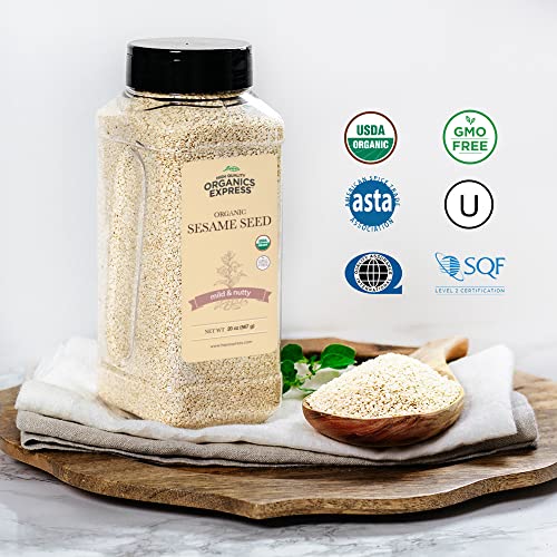 HQOExpress | Organic White Sesame Seed | Raw Sesame Seeds for Cooking and Food Seasoning - Semillas de Ajonjoli - Non-GMO, Vegan & Certified Kosher - 20 oz. Chef Jar