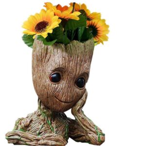 zusonud baby groot pen pot tree man pens holder or flower pot with drainage hole perfect for a tiny succulents plants 6" (grayish brown)