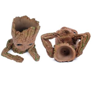 ZUSONUD Baby Groot Pen Pot Tree Man Pens Holder or Flower Pot with Drainage Hole Perfect for a Tiny Succulents Plants 6" (Grayish Brown)