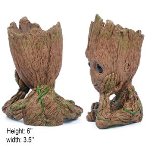 ZUSONUD Baby Groot Pen Pot Tree Man Pens Holder or Flower Pot with Drainage Hole Perfect for a Tiny Succulents Plants 6" (Grayish Brown)