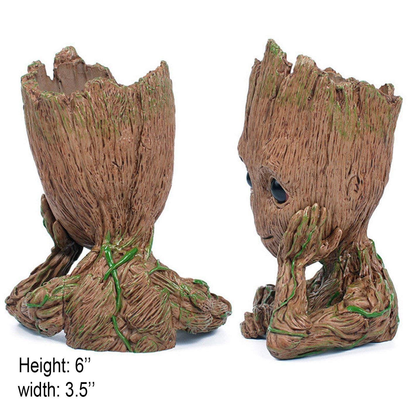 ZUSONUD Baby Groot Pen Pot Tree Man Pens Holder or Flower Pot with Drainage Hole Perfect for a Tiny Succulents Plants 6" (Grayish Brown)