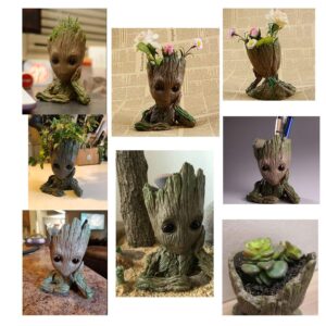 ZUSONUD Baby Groot Pen Pot Tree Man Pens Holder or Flower Pot with Drainage Hole Perfect for a Tiny Succulents Plants 6" (Grayish Brown)