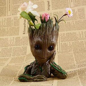 ZUSONUD Baby Groot Pen Pot Tree Man Pens Holder or Flower Pot with Drainage Hole Perfect for a Tiny Succulents Plants 6" (Grayish Brown)