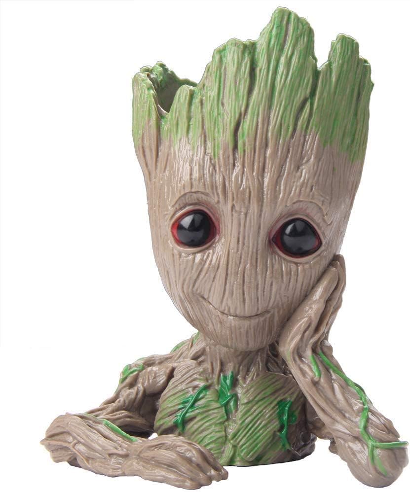 ZUSONUD Baby Groot Pen Pot Tree Man Pens Holder or Flower Pot with Drainage Hole Perfect for a Tiny Succulents Plants 6" (Grayish Brown)