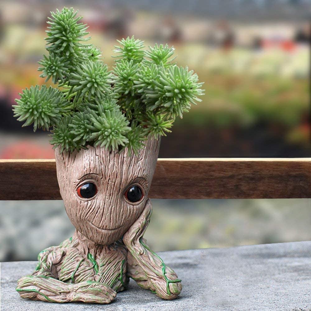 ZUSONUD Baby Groot Pen Pot Tree Man Pens Holder or Flower Pot with Drainage Hole Perfect for a Tiny Succulents Plants 6" (Grayish Brown)