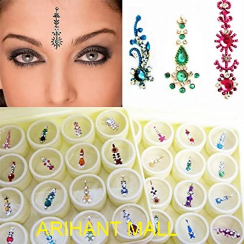 12 Bindi Box Long Multicolored Crystal Bindis Bridal face Jewels Forehead Tika (With Extra Crystal Stones) | wedding makeup party event body art temporary tattoo