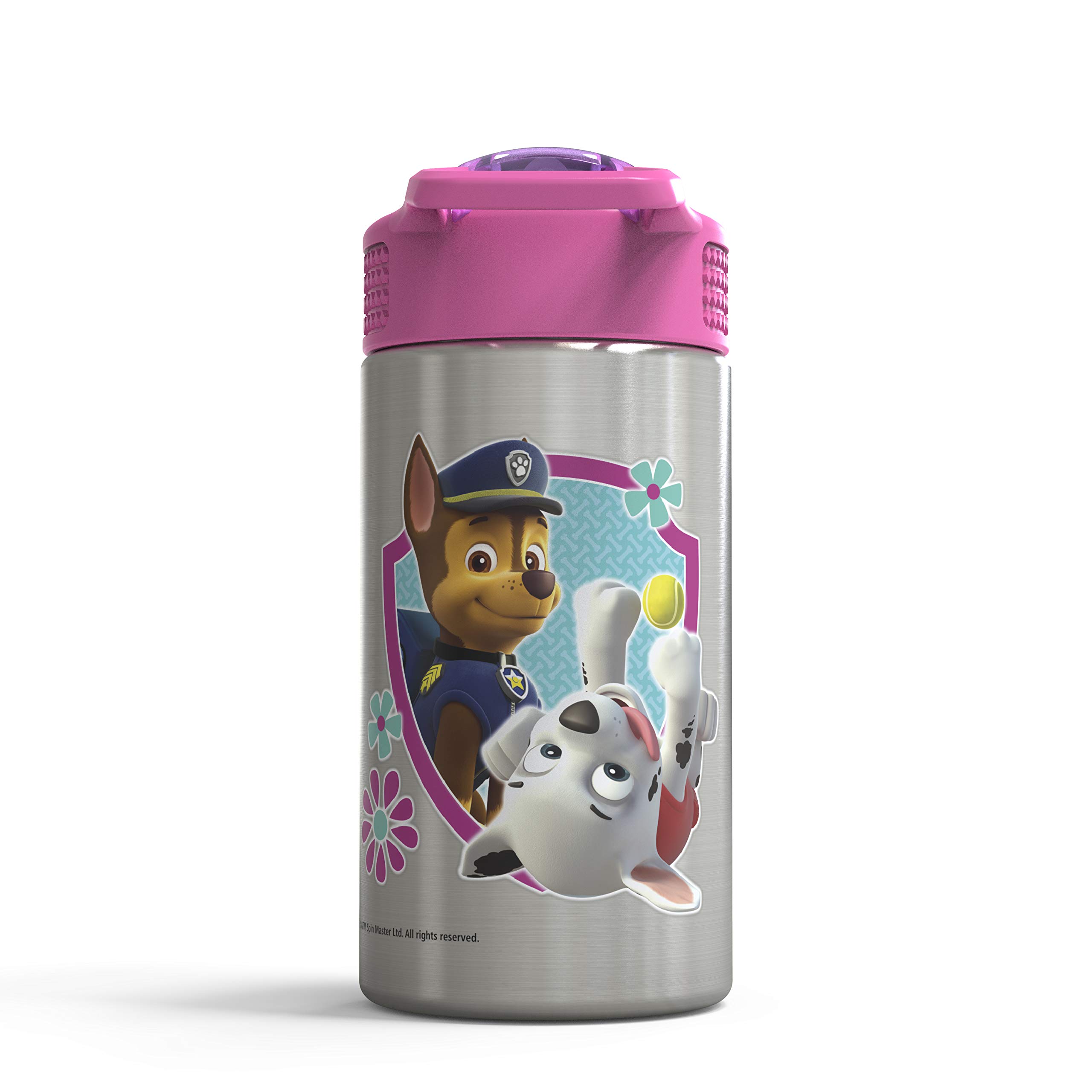 Zak Designs Paw Patrol Skye - Stainless Steel Water Bottle with One Hand Operation Action Lid and Built-in Carrying Loop, Straw Spout is Perfect for Kids (15.5 oz, BPA-Free)