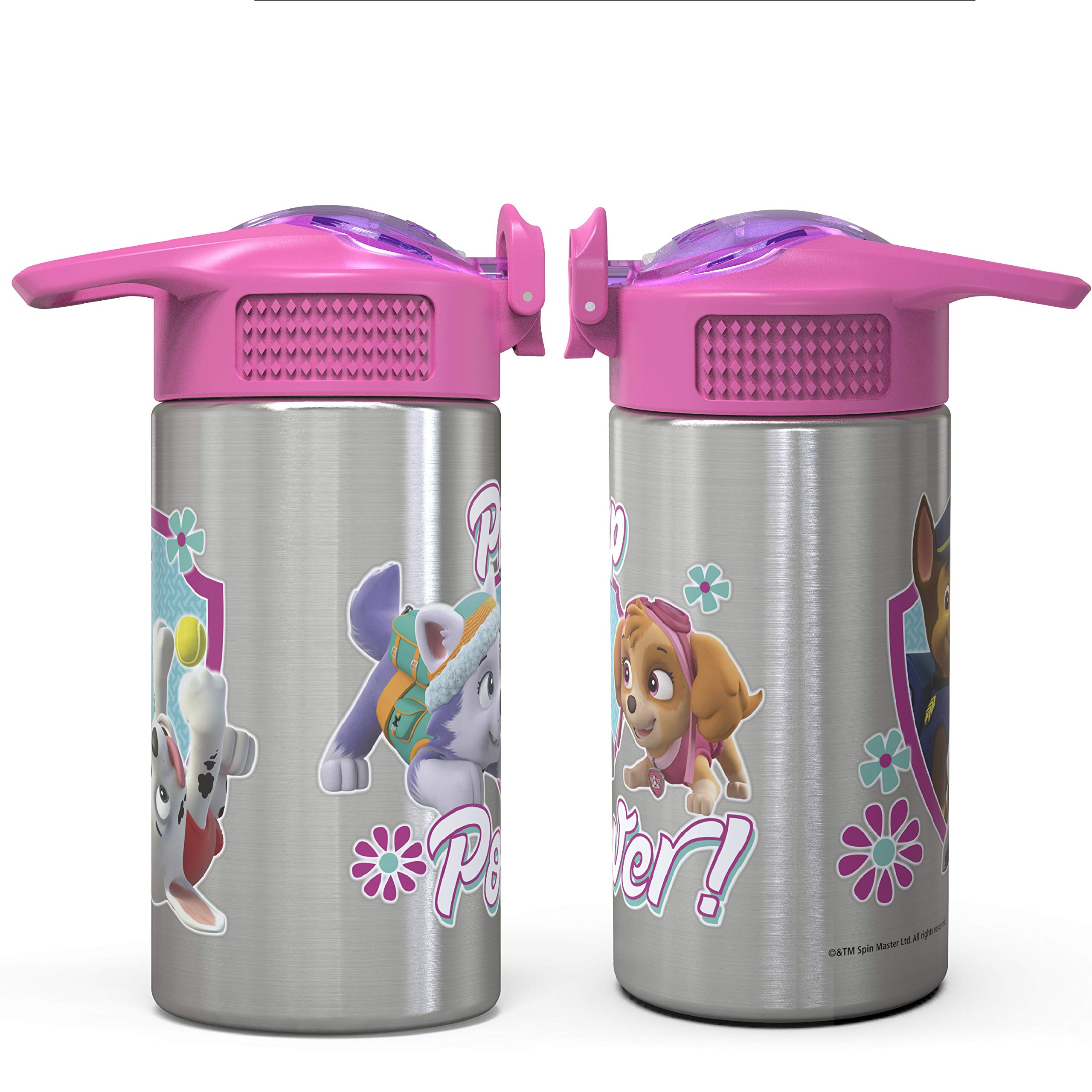 Zak Designs Paw Patrol Skye - Stainless Steel Water Bottle with One Hand Operation Action Lid and Built-in Carrying Loop, Straw Spout is Perfect for Kids (15.5 oz, BPA-Free)