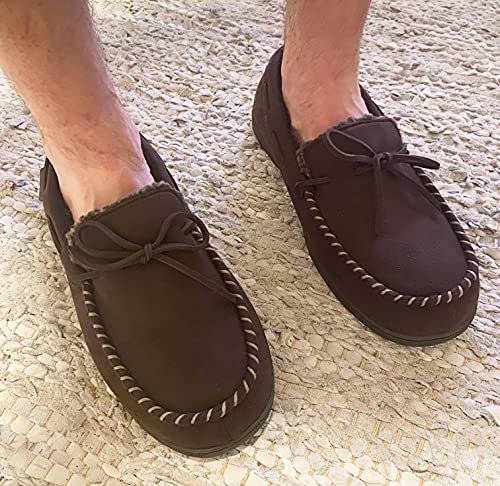 Dearfoams mens Toby Microsuede Moccasin With Tie Slipper, Coffee, Large US