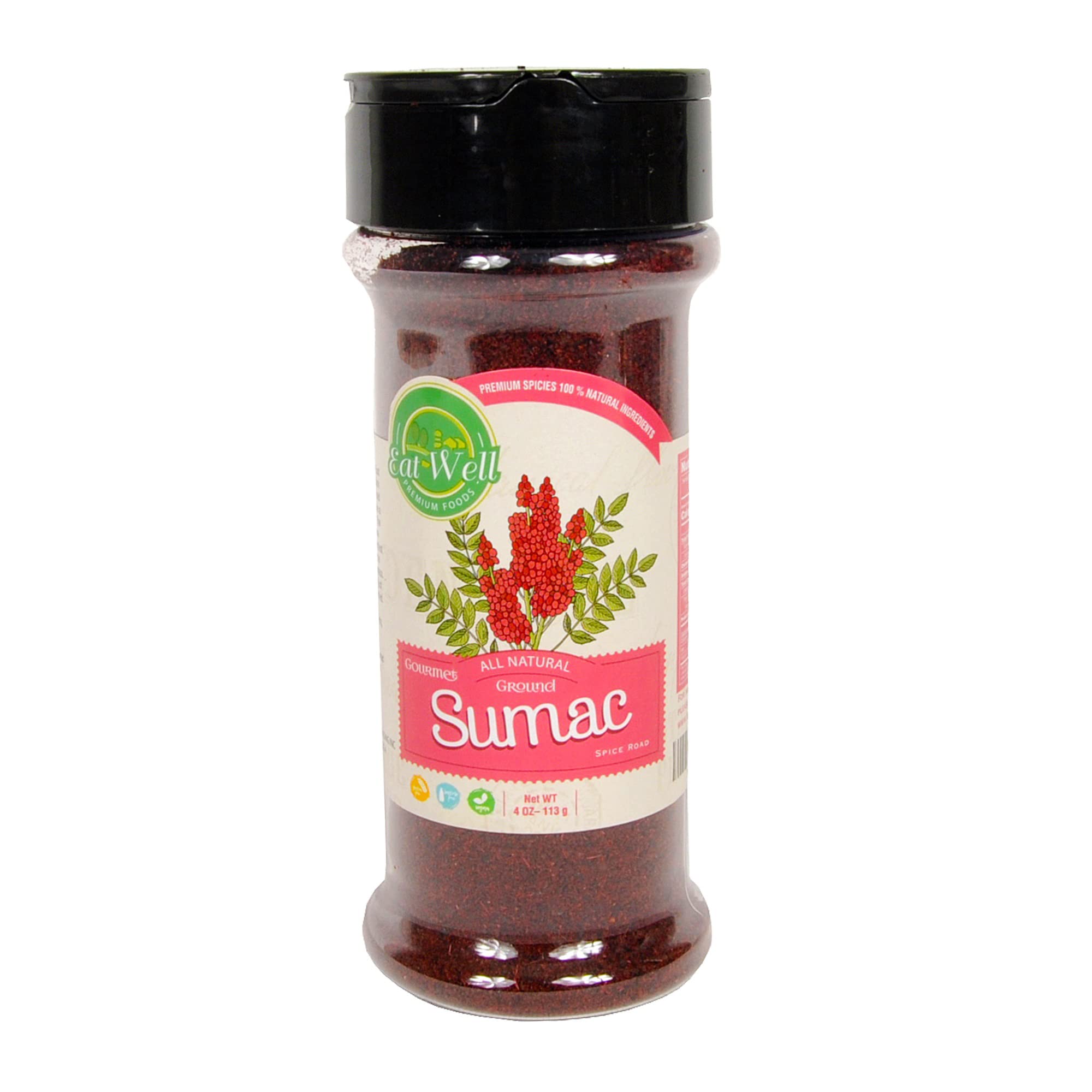 Eat Well Sumac Spice Powder 4 oz Shaker Bottle, Ground Sumac Berries, 100% Natural Traditional Middle Eastern Spices, Sumac Seasoning with Pure Gourmet Ingredients for Cooking, Tangy and Citrusy