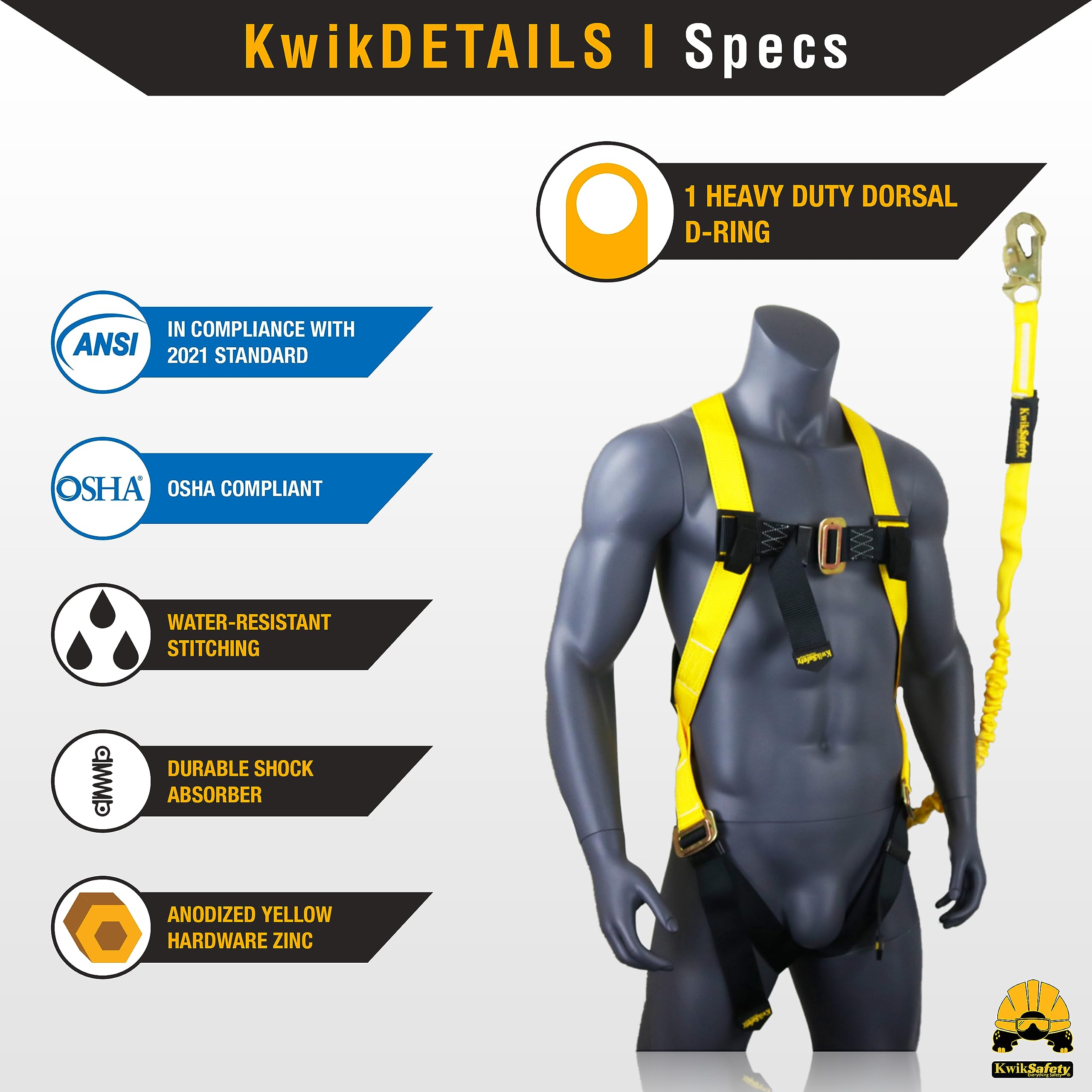 KwikSafety - Charlotte, NC - SCORPION Safety Harness [w/attached 6ft. Tubular Lanyard on back] OSHA ANSI Fall Protection INTERNAL Shock Absorbing Lanyard/Construction Carpenter Scaffolding