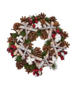 worth imports 12" artifical birch log w/pinecones, cotton & berries wreath