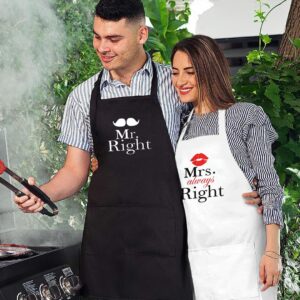 Nomsum Mr. & Mrs. Right 2-piece 1-size Matching Kitchen Apron for His and Hers, Unique Gift Ideas for Couples, Kitchen Aprons Gift Set for Weddings, Anniversaries, Engagements, and Housewarmings