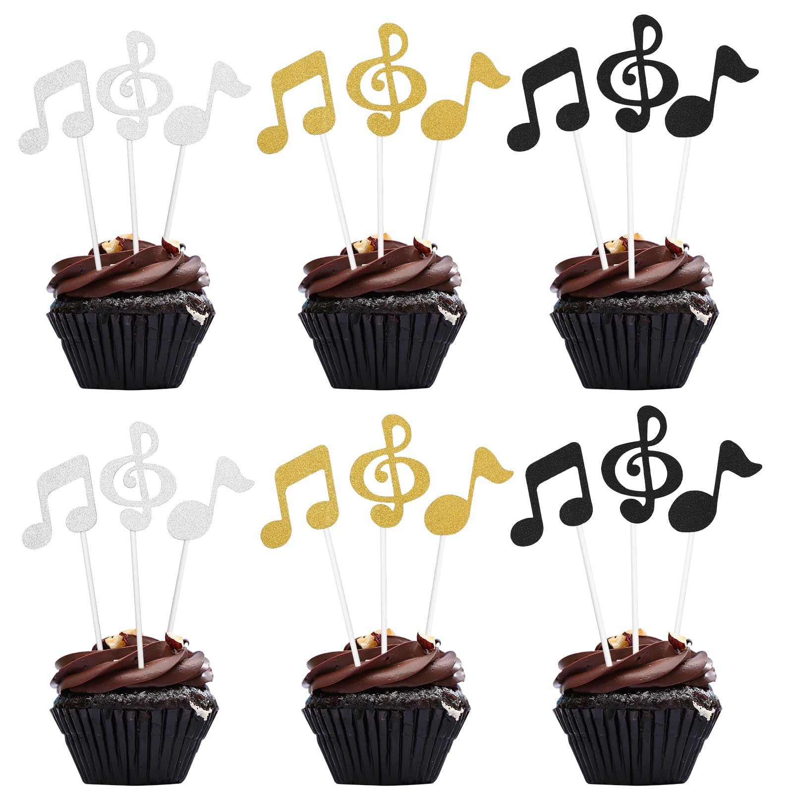 Healifty 18PCS Glitter Music Notation Birthday Cake Toppers Birthday Party Decor for Baby Shower Wedding Birthday Party (Golden Silver Black)