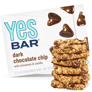 the yes bar – dark chocolate chip – plant based protein, decadent snack bar – vegan, paleo, gluten free, dairy free, low sugar, healthy snack, breakfast, low carb, keto friendly (pack of 6)