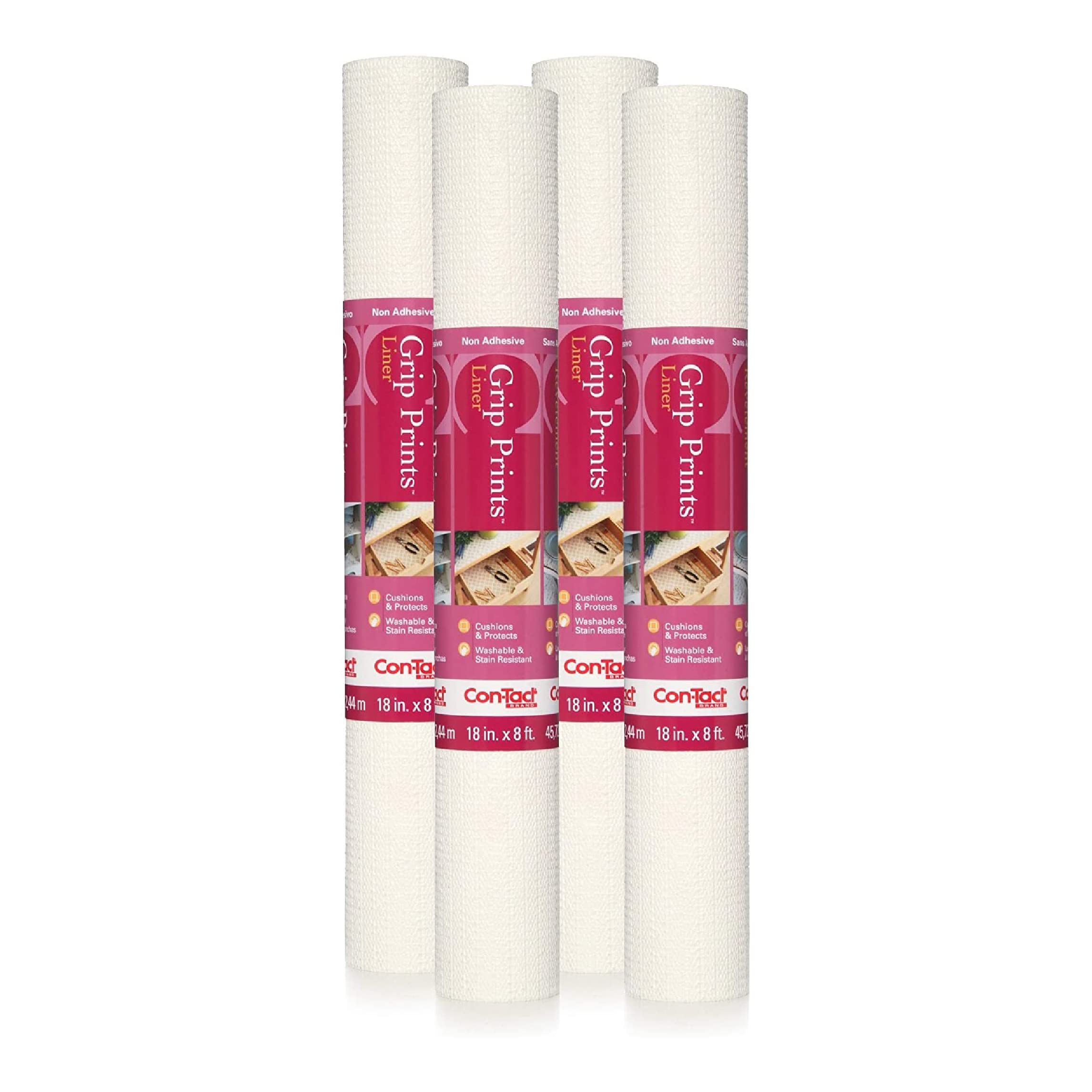 Con-Tact Brand Grip Prints Shelf Liner, Durable and Non-Adhesive Liners, Non-Slip Drawer and Cabinet Liner, 18" x 8', White, Pack of 4 Rolls