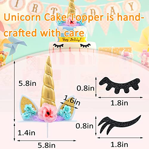 Unicorn Cake Topper Party Supplies Decorations for Girls Gold Unicorn Horn First Birthday Cake Topper Kit with Eyelashes, 5.8 Inch