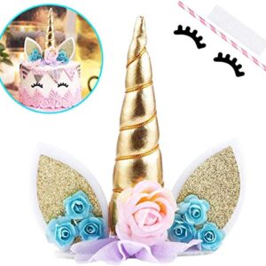 Unicorn Cake Topper Party Supplies Decorations for Girls Gold Unicorn Horn First Birthday Cake Topper Kit with Eyelashes, 5.8 Inch