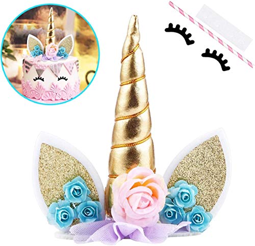 Unicorn Cake Topper Party Supplies Decorations for Girls Gold Unicorn Horn First Birthday Cake Topper Kit with Eyelashes, 5.8 Inch