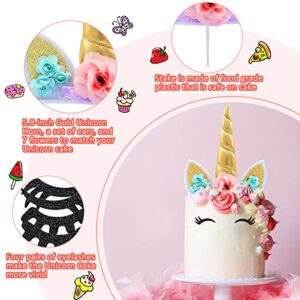 Unicorn Cake Topper Party Supplies Decorations for Girls Gold Unicorn Horn First Birthday Cake Topper Kit with Eyelashes, 5.8 Inch