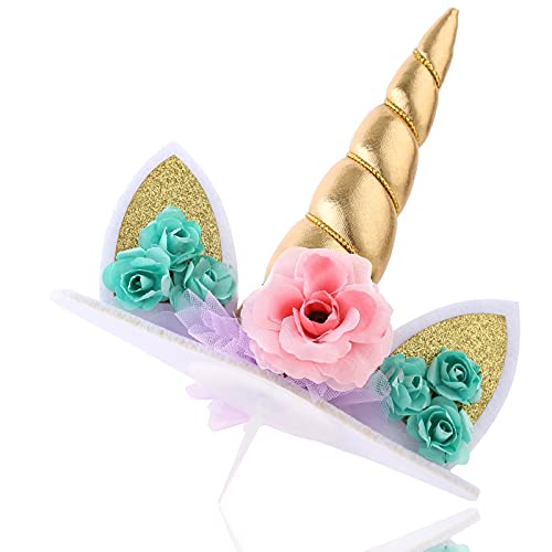 Unicorn Cake Topper Party Supplies Decorations for Girls Gold Unicorn Horn First Birthday Cake Topper Kit with Eyelashes, 5.8 Inch