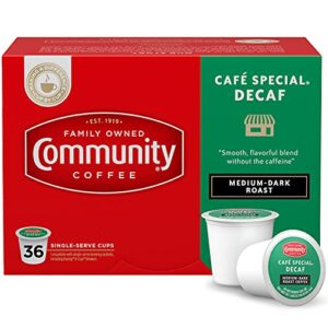 community coffee café special 36 count coffee pods, medium dark roast decaf, compatible with keurig 2.0 k-cup brewers