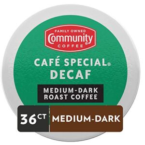 Community Coffee Café Special 36 Count Coffee Pods, Medium Dark Roast Decaf, Compatible with Keurig 2.0 K-Cup Brewers