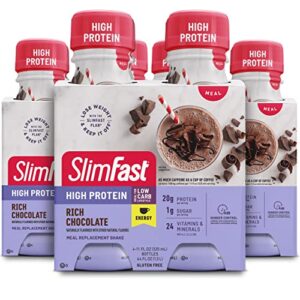 slimfast advanced energy high protein meal replacement shake, rich chocolate, 20g of ready to drink protein with caffeine, 11 fl. oz bottle, 4 count (pack of 3) (packaging may vary)