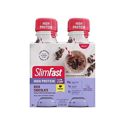 SlimFast Advanced Energy High Protein Meal Replacement Shake, Rich Chocolate, 20g of Ready to Drink Protein with Caffeine, 11 Fl. Oz Bottle, 4 Count (Pack of 3) (Packaging May Vary)