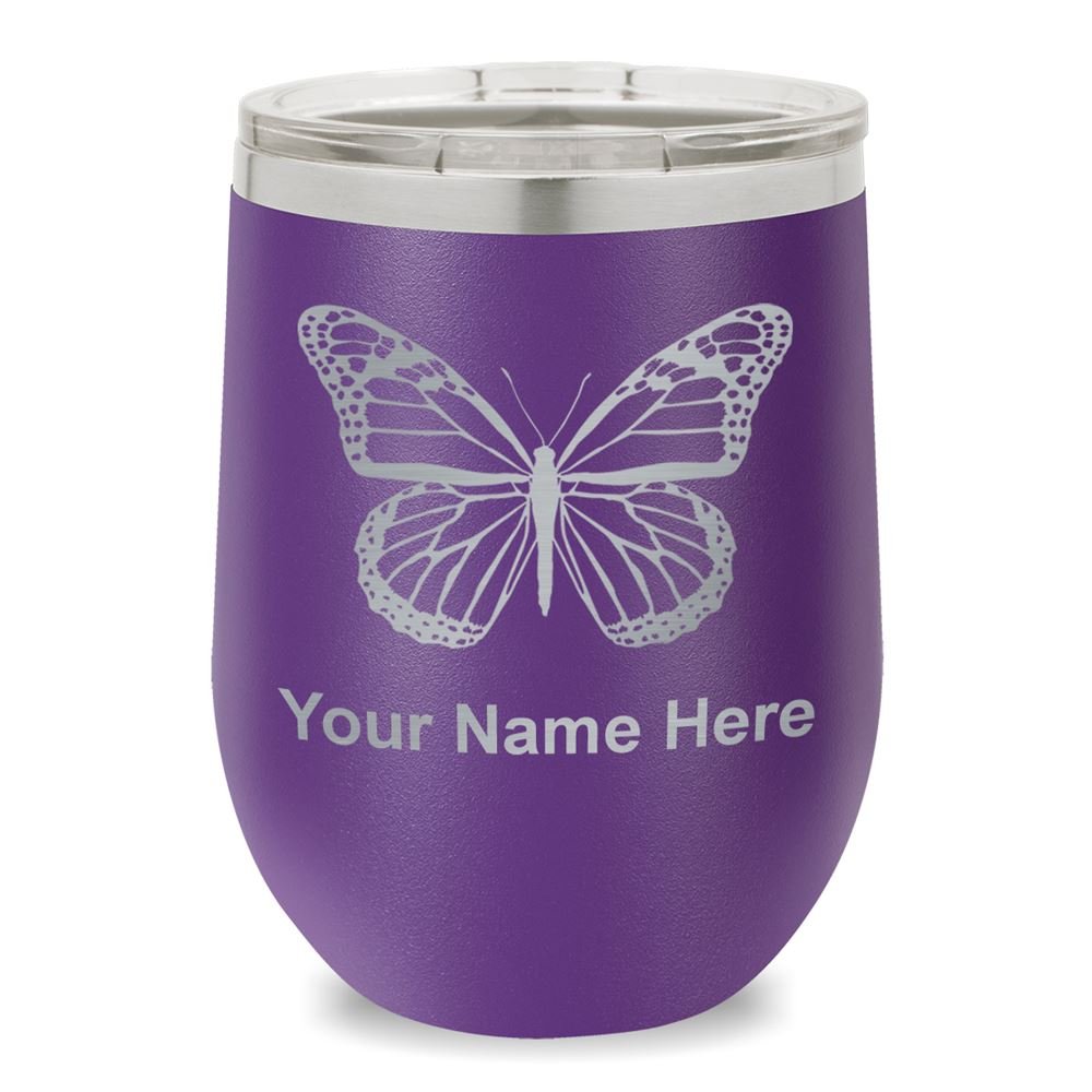 SkunkWerkz Wine Glass Tumbler, Monarch Butterfly, Personalized Engraving Included (Dark Purple)