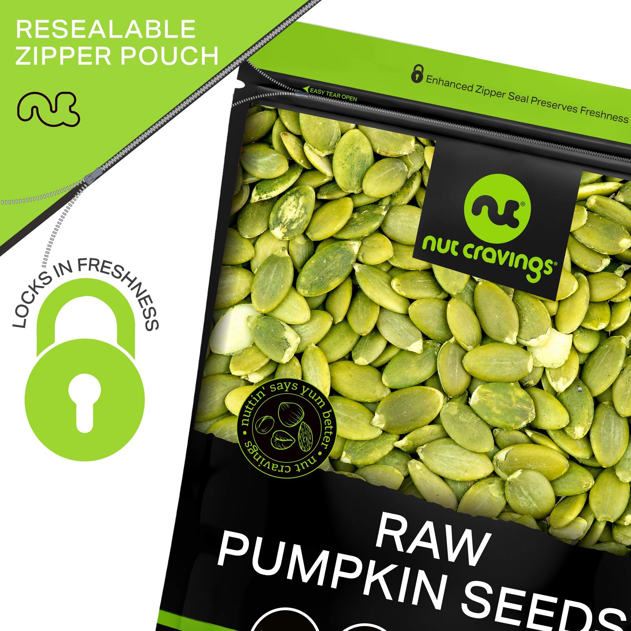 Nut Cravings - Raw Pumpkin Seeds Pepitas, Unsalted, Shelled, Equivalent to Organic (16oz - 1 LB) Bulk Nuts Packed Fresh in Resealable Bag - Healthy Protein Snack, All Natural, Keto, Vegan, Kosher