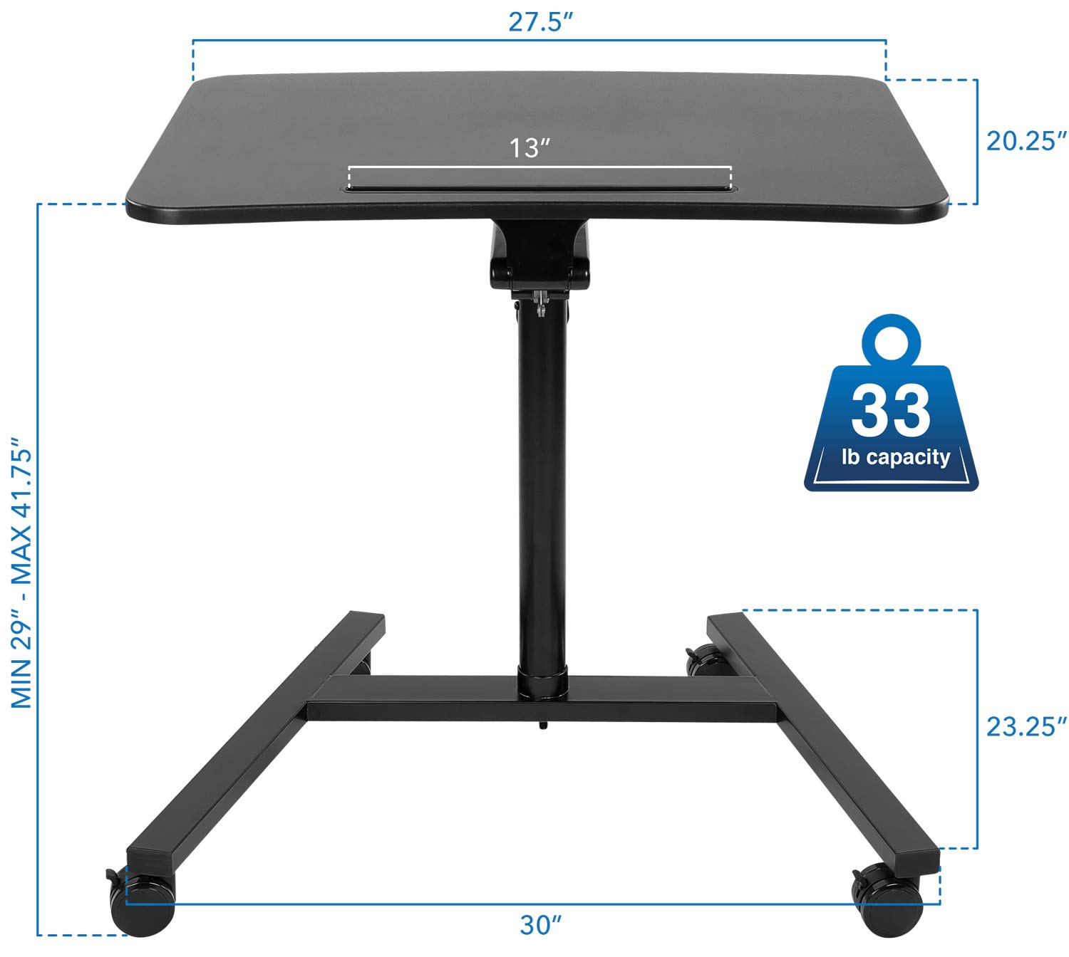 Mount-It! Mobile Standing Laptop Desk, Height Adjustable Rolling Sit Stand Workstation with Casters, 27.5 Wide with Gas Spring Lift Mechanism, Black