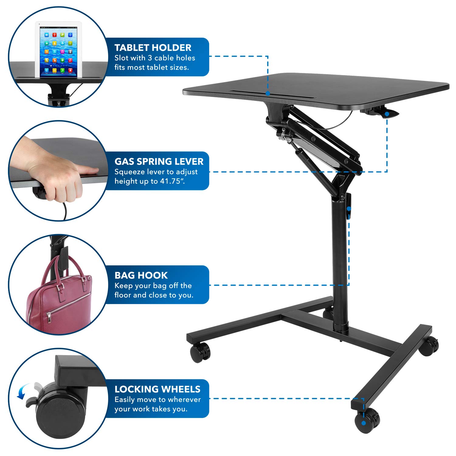 Mount-It! Mobile Standing Laptop Desk, Height Adjustable Rolling Sit Stand Workstation with Casters, 27.5 Wide with Gas Spring Lift Mechanism, Black