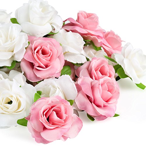 Kesoto 50pcs Pink and White Roses Artificial Flowers Bulk, 1.6" Small Silk Fake Roses Flower Heads for Decoration, Crafts, Wedding Centerpieces Bridal Shower Party Home Decor