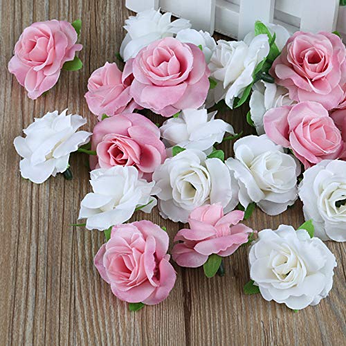 Kesoto 50pcs Pink and White Roses Artificial Flowers Bulk, 1.6" Small Silk Fake Roses Flower Heads for Decoration, Crafts, Wedding Centerpieces Bridal Shower Party Home Decor