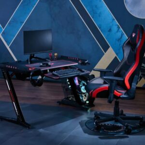 EUREKA ERGONOMIC Gaming Desk with led Lights, Multi-Functional Gaming Computer Table with Retractable Cup Holder Headset Hook for Men Boyfriend Female Gift，50 inch