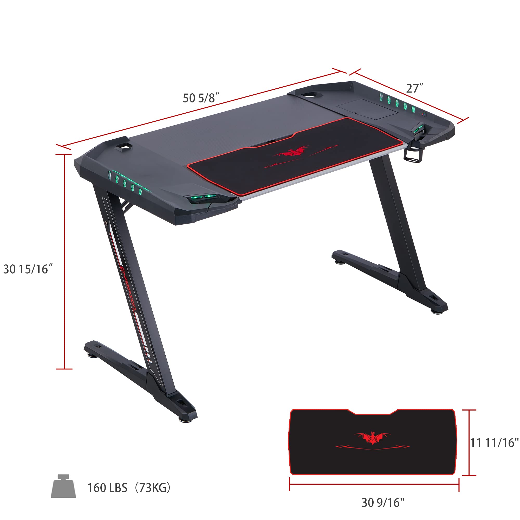 EUREKA ERGONOMIC Gaming Desk with led Lights, Multi-Functional Gaming Computer Table with Retractable Cup Holder Headset Hook for Men Boyfriend Female Gift，50 inch