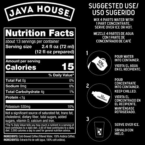 JAVA HOUSE Cold Brew Coffee, Colombian 4:1 Liquid Concentrate, 32 Ounce Bottle