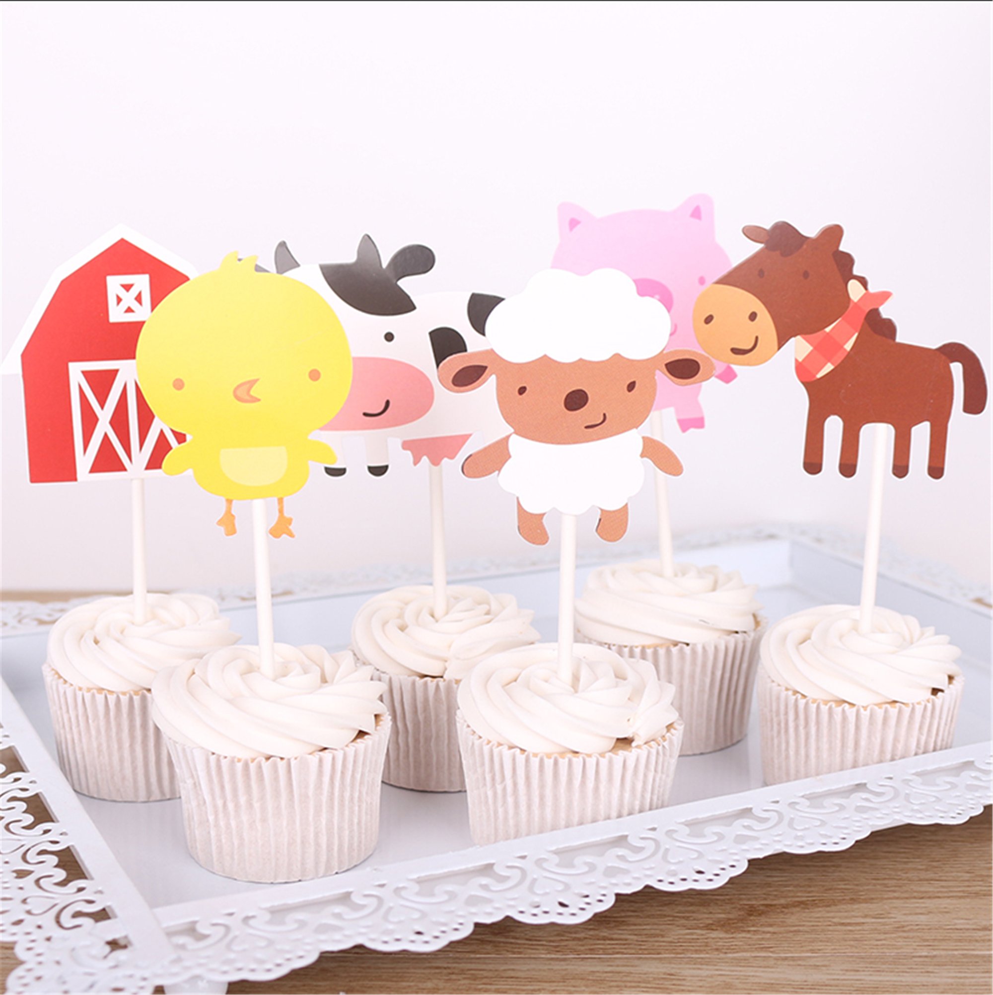 Wolpark Glitter Farm Animal Cake Toppers Farm Animal Cupcake Toppers 25 PCS Farm Birthday Party Supplies Decorations for Baby Shower Kids Birthday Cartoon Cupcake Topper Picks