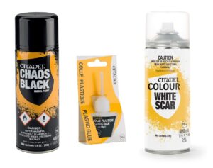 citadel bundle: chaos black and white scar spray paint with citadel plastic glue