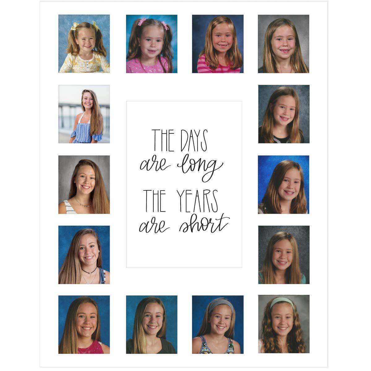 School Days Picture Mat with Multiple Openings–School Years Photo Collage – The Days Are Long Picture Mat – No Frame - 2 Pre-School & Kindergarten to 12th Grade (15 Photos, 2PreK-12th White)