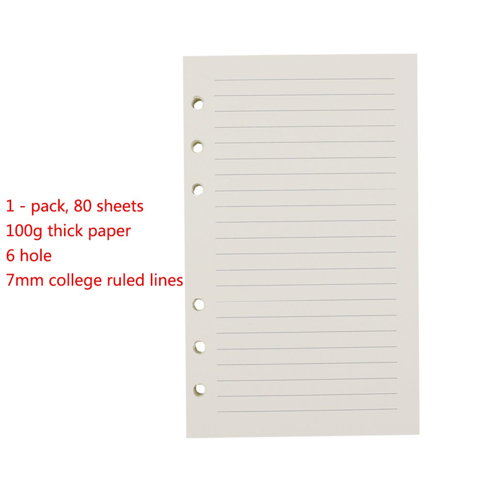 6-Ring A6 Binder/Planner Refill Paper, 6 Hole,6 3/4 x 4 1/8 Inches Refillable White Paper for Loose Leaf Binder Notebook Diary Traveler Journal Inserts, 80 Sheets/160 Pages,Lined