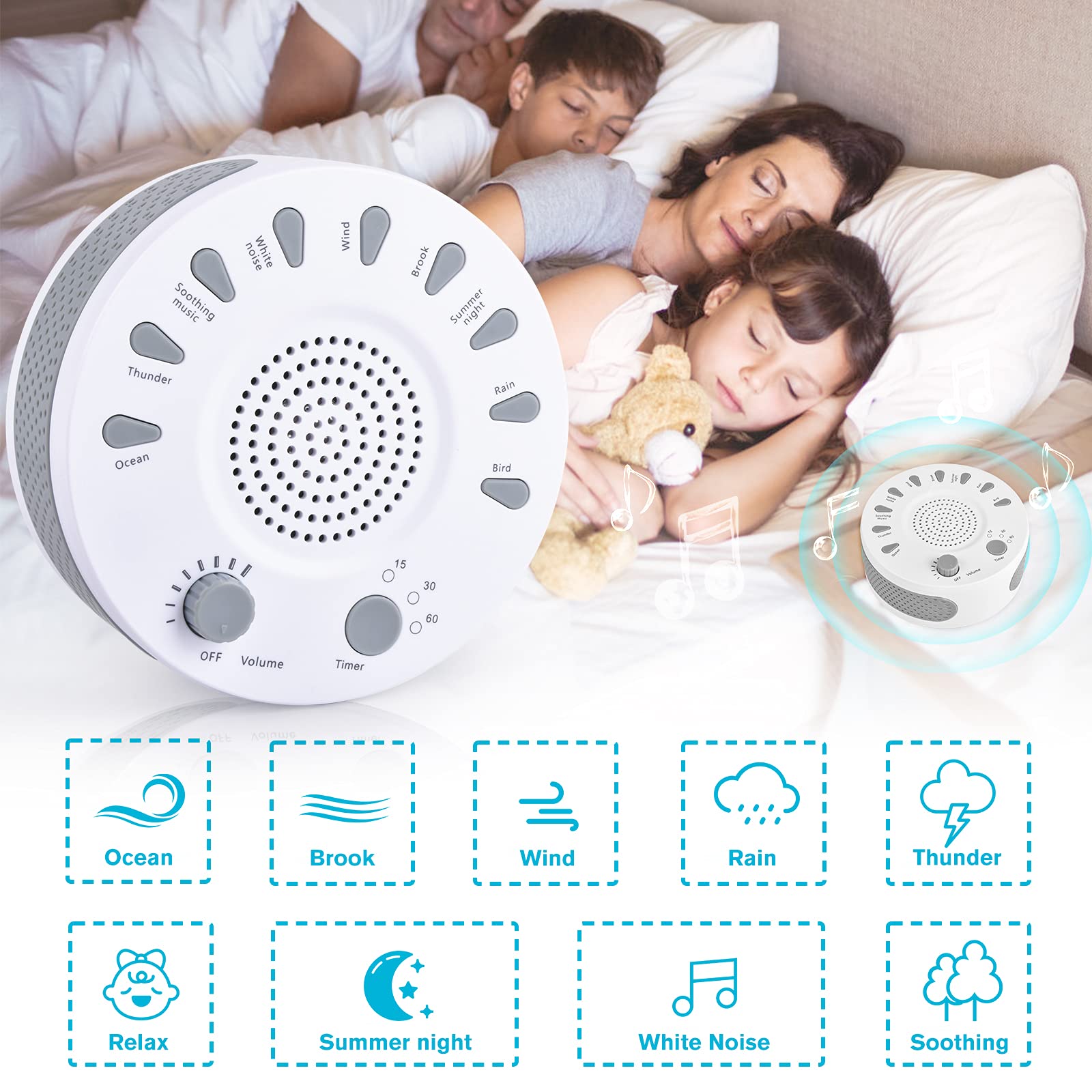 White Noise Machine, Portable Sleep Sound Therapy Machine with 3 Timers & 9 Natural Sound Options for Baby Kids Home Office Bedroom Travel Sleep Timer