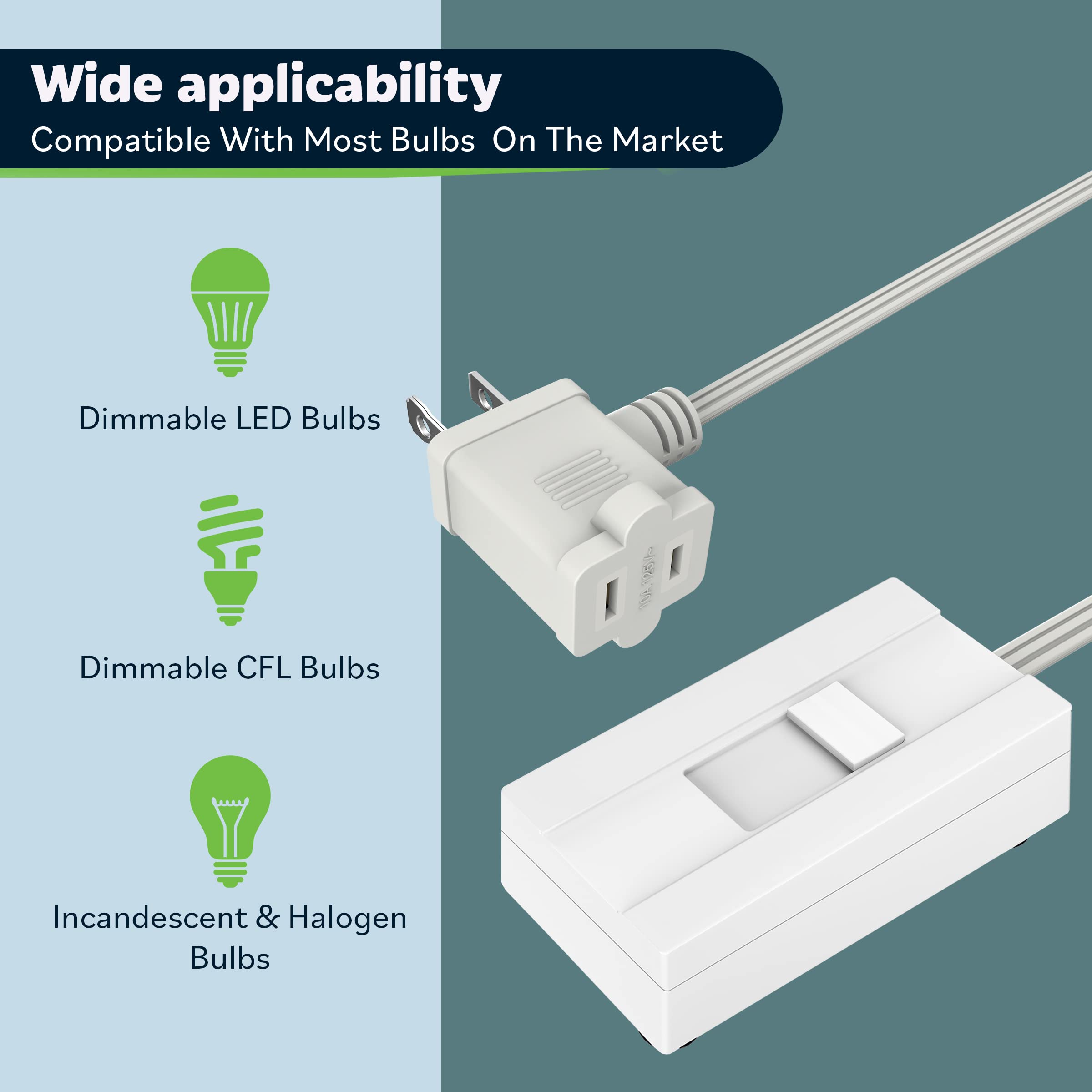 TOPGREENER Table-Top Plug in Dimmer for Table or Floor Lamps, Slide Control, Works with 360 Watt Incandescent/Halogen and 150 Watt Dimmable CFL/LED, Off at Lowest dim, 6ft Cord, TGTTDL300-W, White